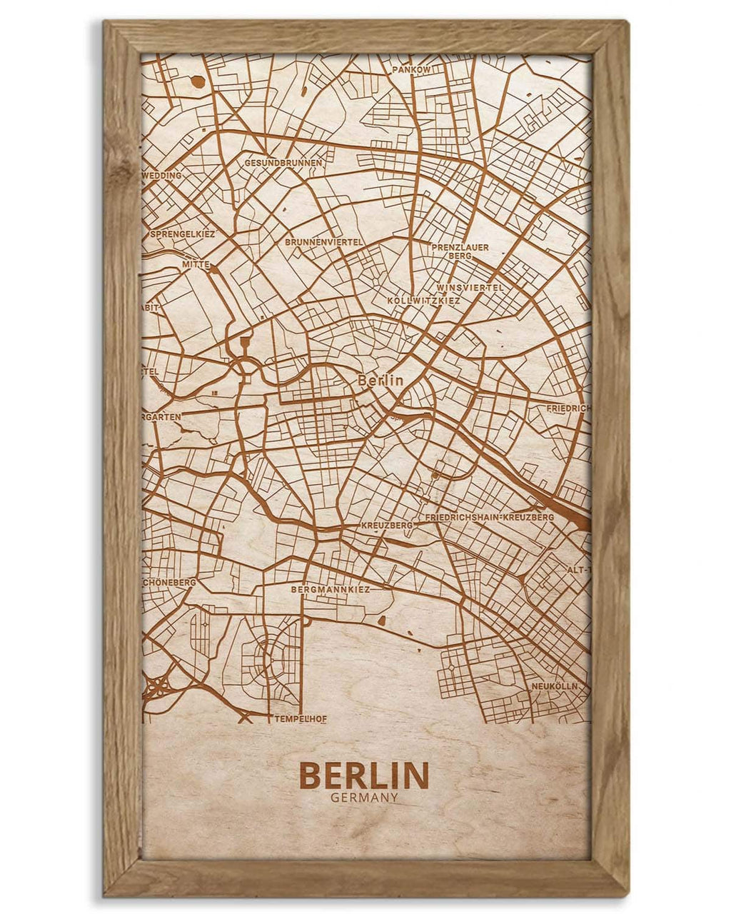 Wooden Street Map of Berlin - Urban City Plan, in an oak frame